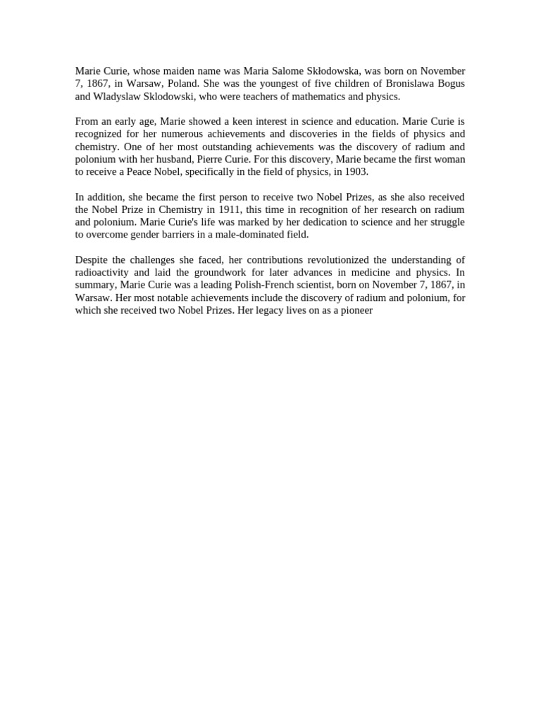 Marie Curie's Life and Achievements | PDF