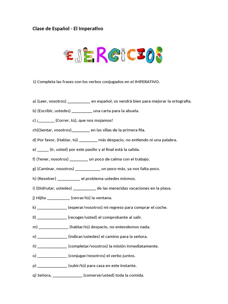 Clase de Español - Ejercicios Imperativo | PDF