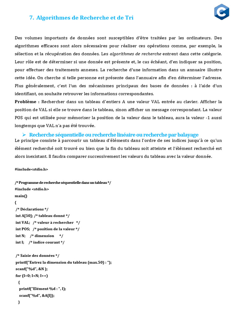 Partie 7_Algorithme Recherche Et Tri | PDF | Complexité temporelle ...