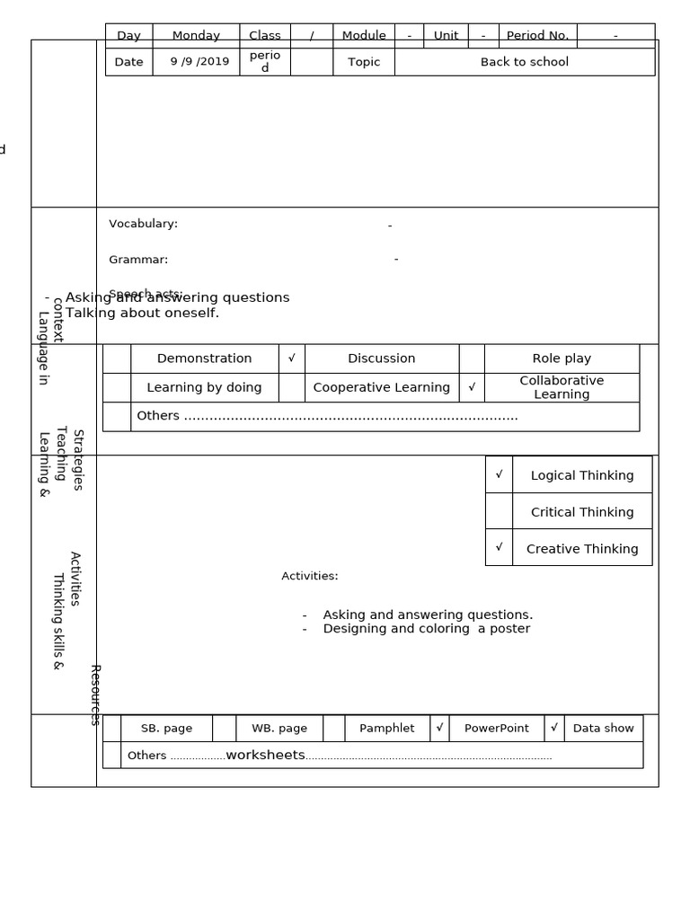 First Day School Preparation (Worksheet About Myself) | PDF | Learning ...