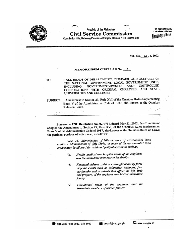 CSC Memorandum Circular No. 16 - Monetization of Leave | PDF