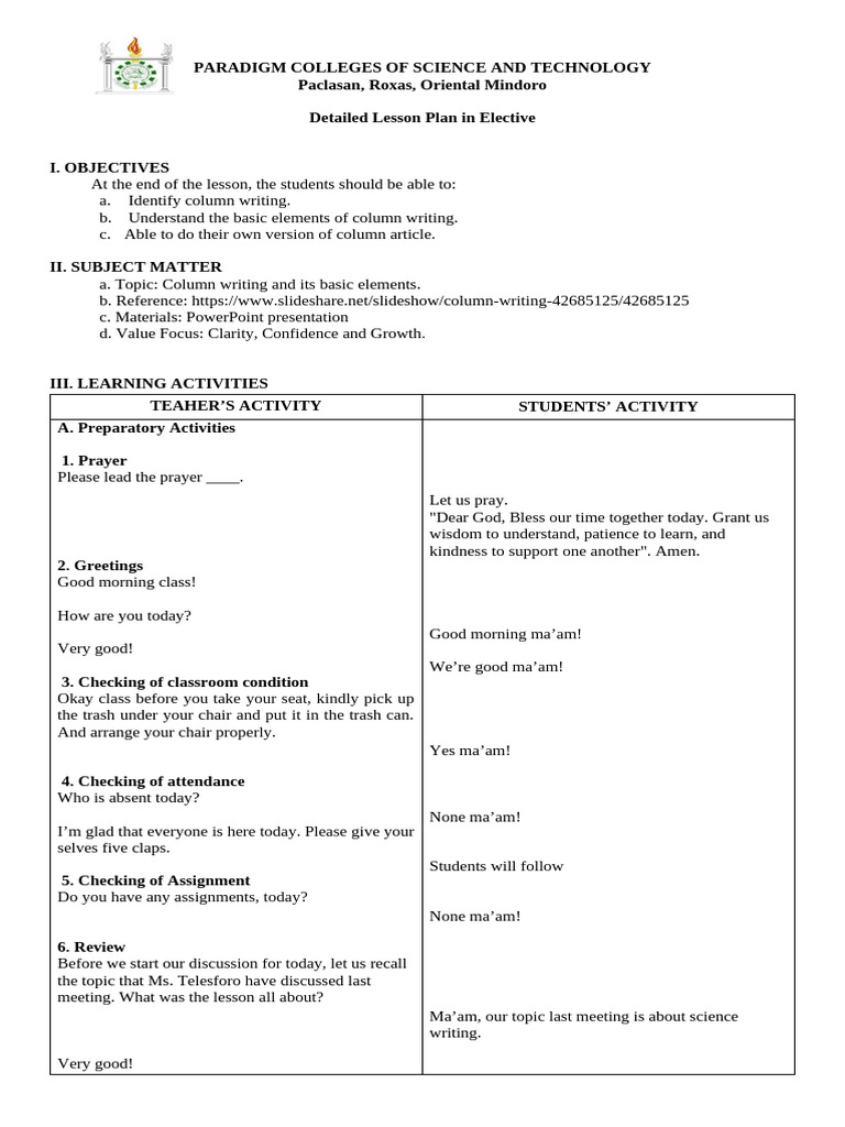 Lesson Plan For Elective of Grade10ssc | PDF | Narration | Thought