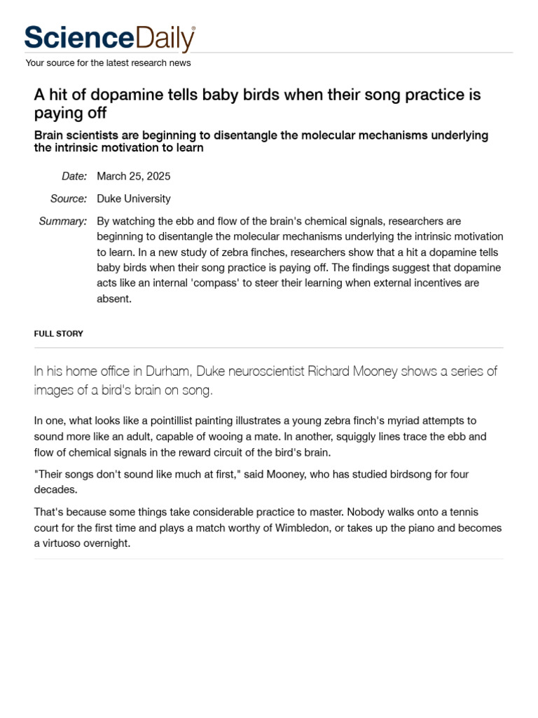A hit of dopamine tells baby birds when their song practice is paying ...