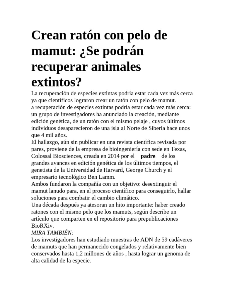 Ratón con pelo de mamut: avance en desextinción | PDF | Gene | Genética