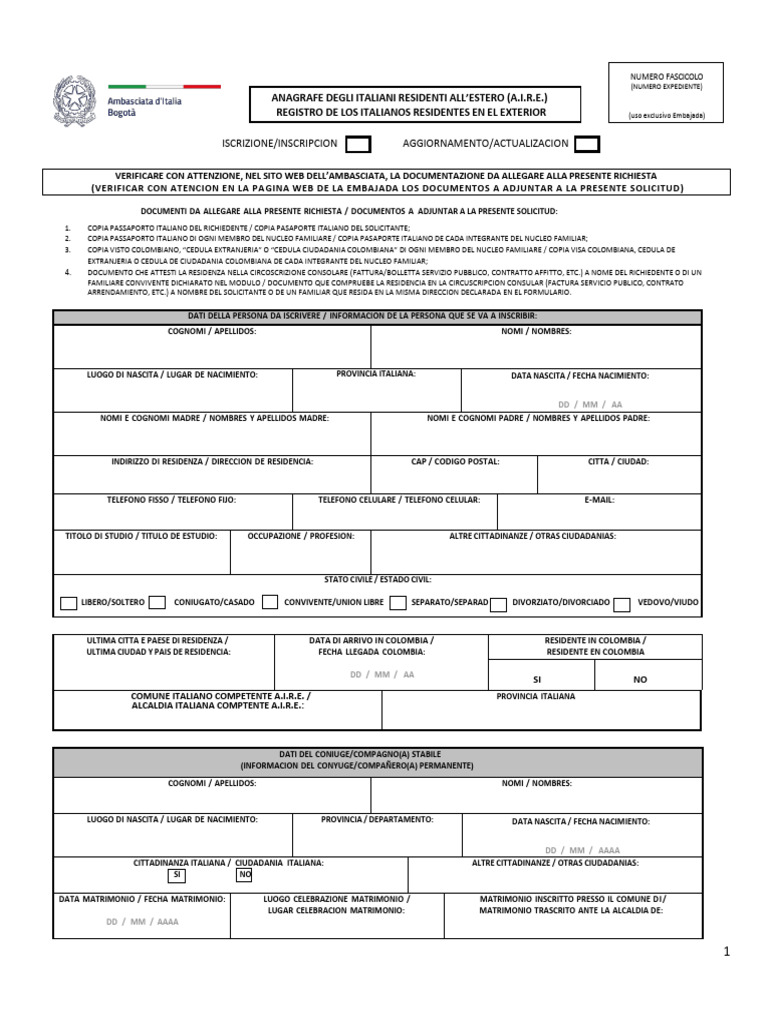 Inscripción AIRE Consulado Italiano | PDF | Gobierno y personalidad ...