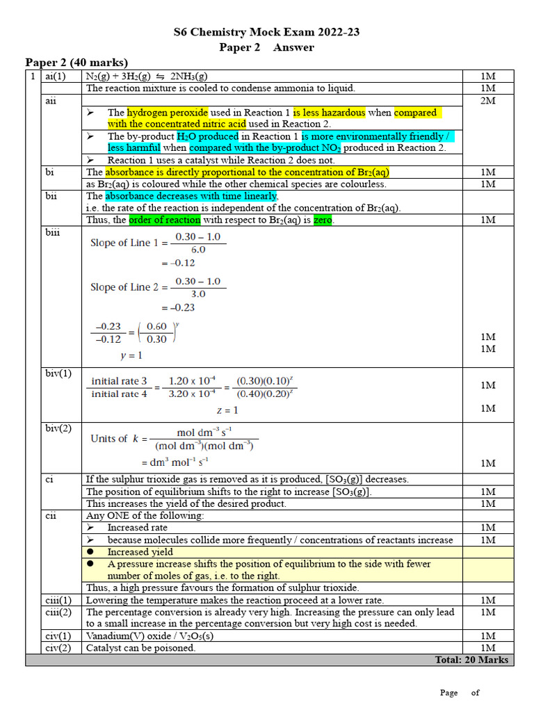 S6 Chemistry Mock Exam Paper 2 Answers | PDF | Chemical Reactions | Chemical Equilibrium