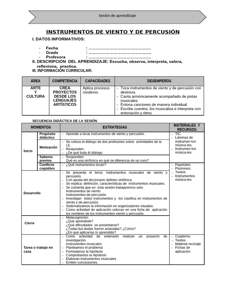 Instrumentos De Viento Y De Percusión Sesion De Arte Pdf