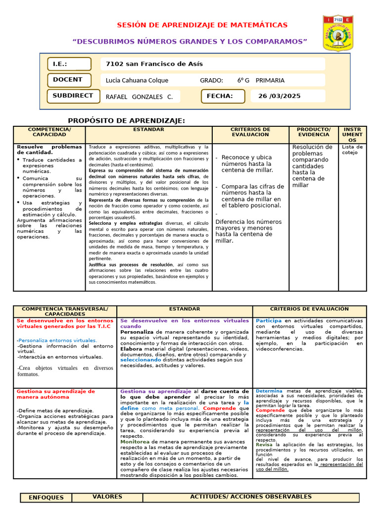 Sesión Matematicas-Descubrimos Números Grandes y Comparamos 26-03-2025 | PDF | Aprendizaje | Decimal
