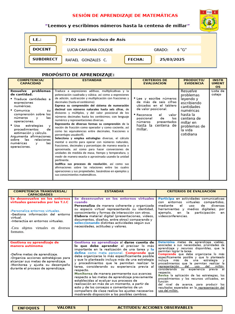 Sesión Matematicas-Leemos y Escribimos Hasta La Centena de Millar | PDF | Aprendizaje | Decimal