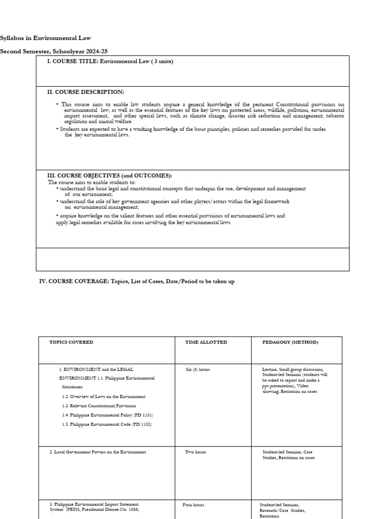 Envilaw Syllabus, Sy 2024-25 | PDF | Environmental Law | Natural ...