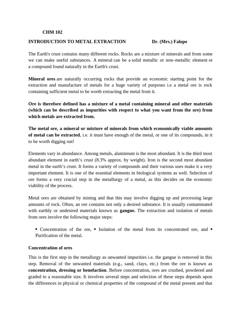 Metal Extraction Chm102 | PDF | Iron | Oxide