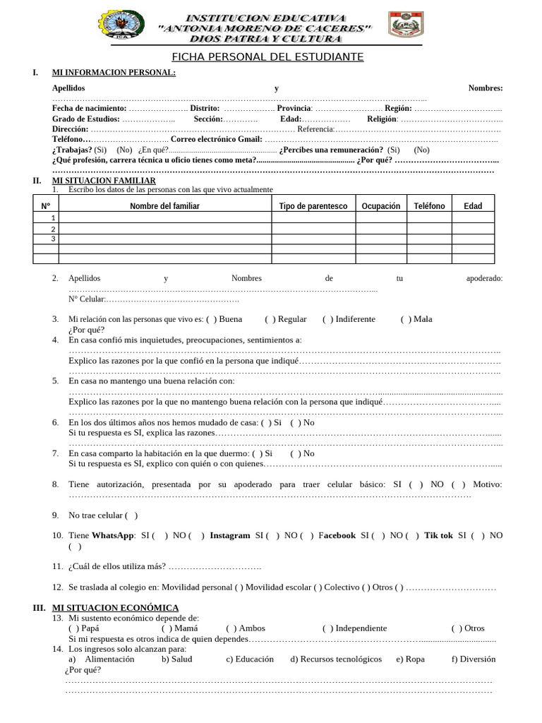 Ficha Personal Del Estudiante 2023-1 | PDF