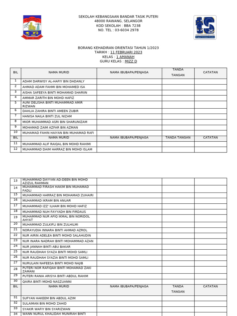 BORANG KEHADIRAN ORIENTASI TAHUN 1 | PDF