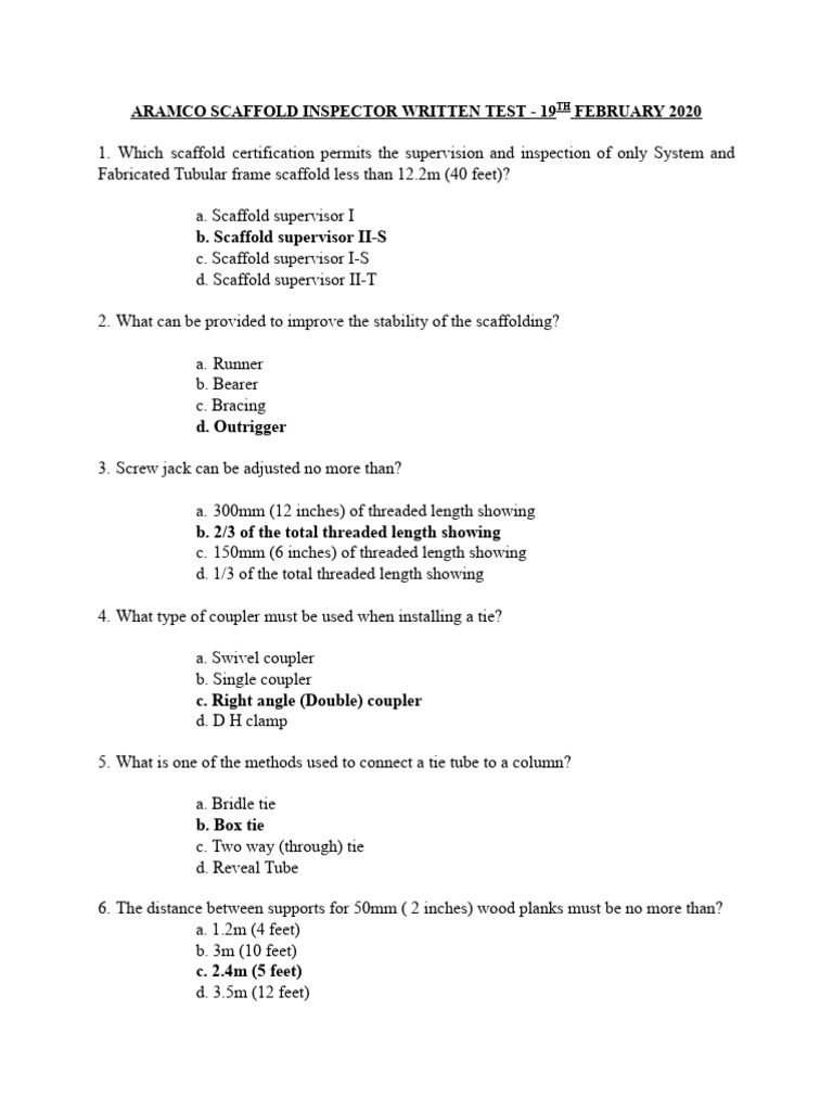 Scaffold Inspector Written Exam Question & Answer (19.02.2020) | PDF ...
