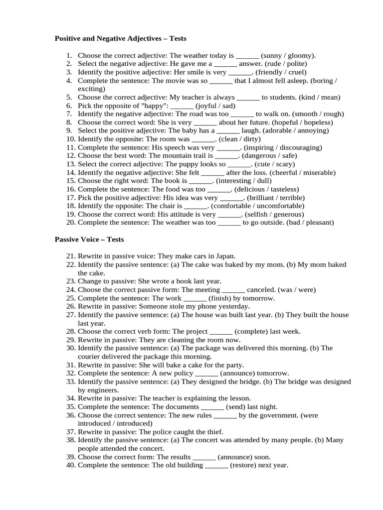 Positive and Negative Adjectives Worksheet | PDF