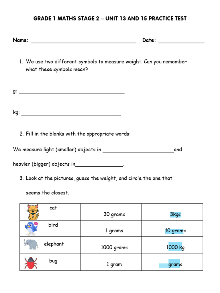 Grade 1 Maths Unit 13 Practice Test | PDF | Kilogram | Weight