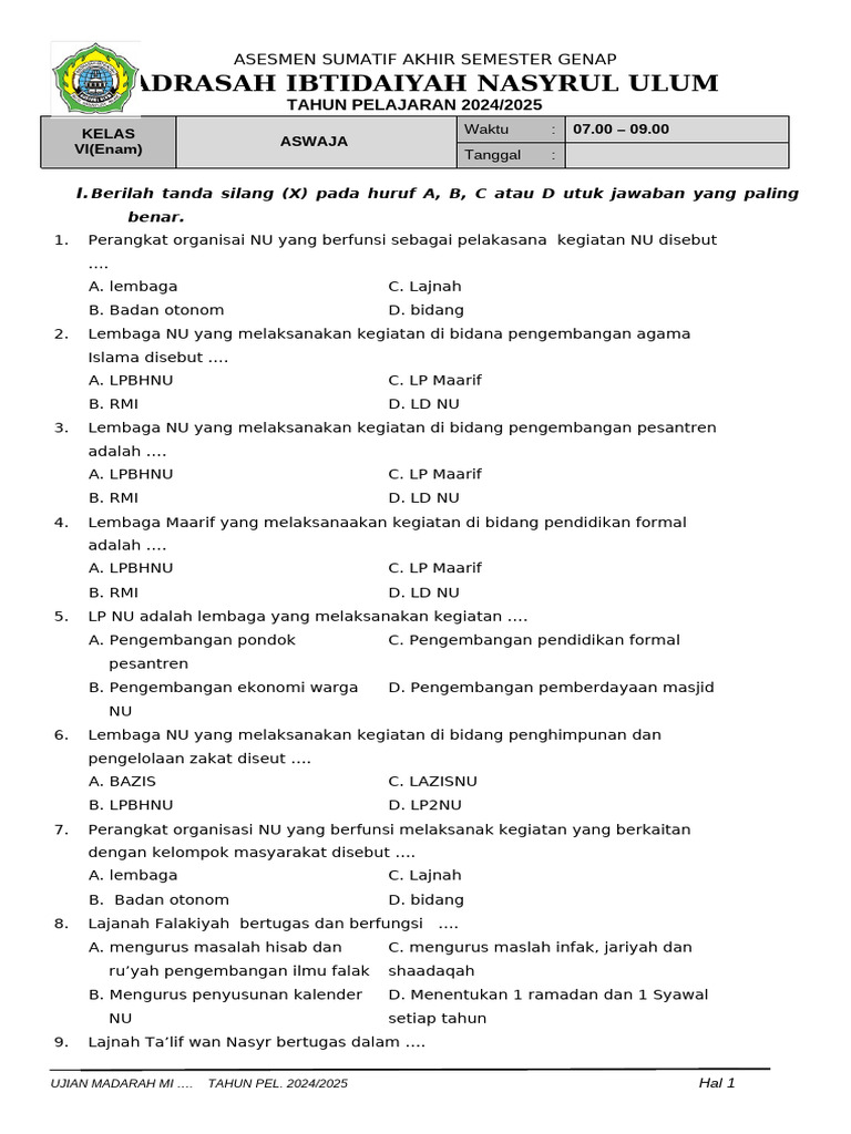 Naskah Soal Asas 2025 - Aswaja | PDF