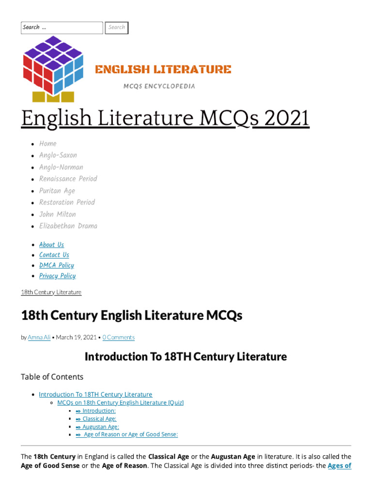 18th Century English Literature MCQs EnglishLiteratureMCQs | PDF | English Literature | Multiple ...