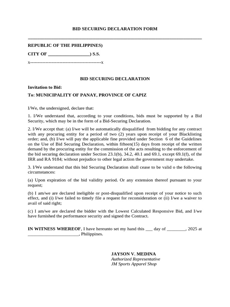 Bid Securing Declaration Form Jm | PDF | Common Law | Justice