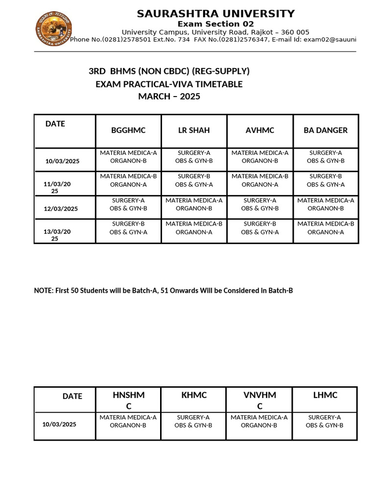 BHMS 3rd Year Practical Exam Timetable | PDF