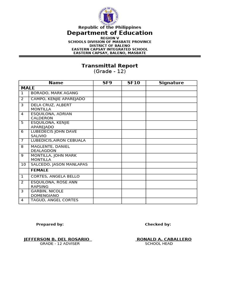 Grade 12 Transmittal Report | PDF