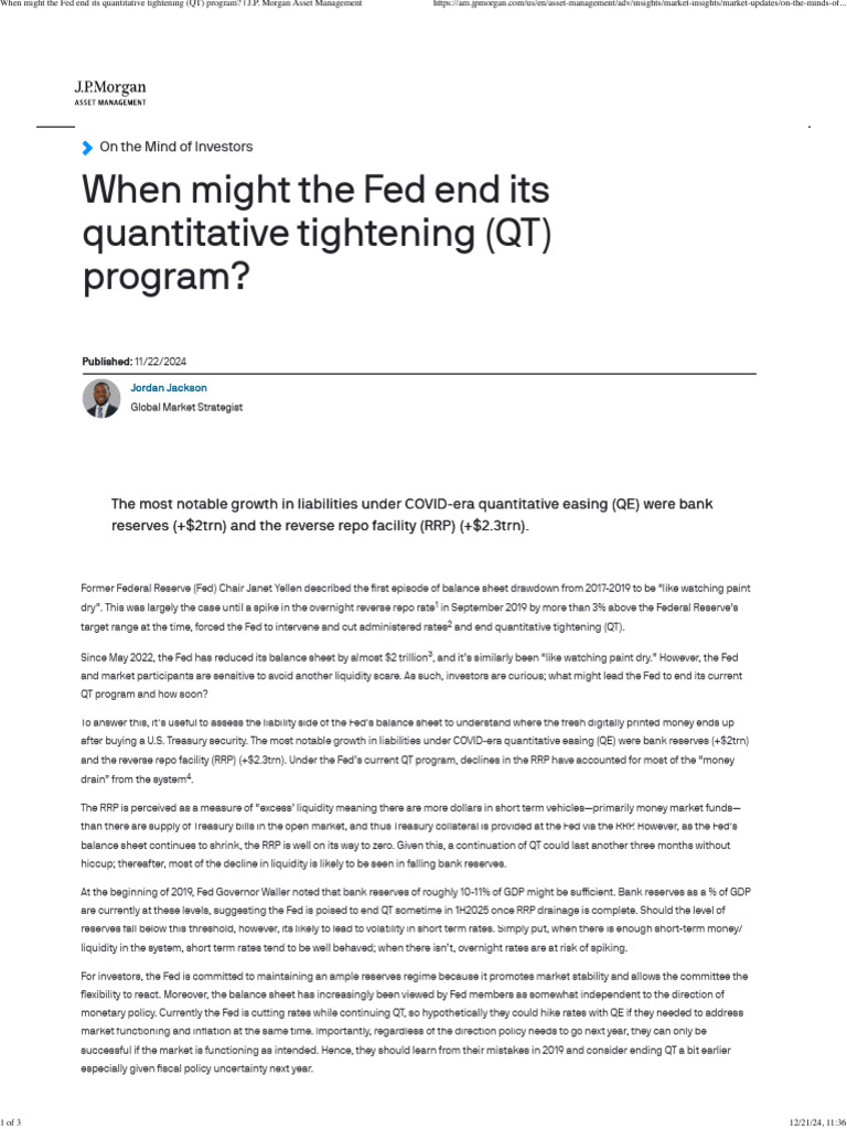 JPM_AM When might the Fed end its quantitative tightening (QT) program ...