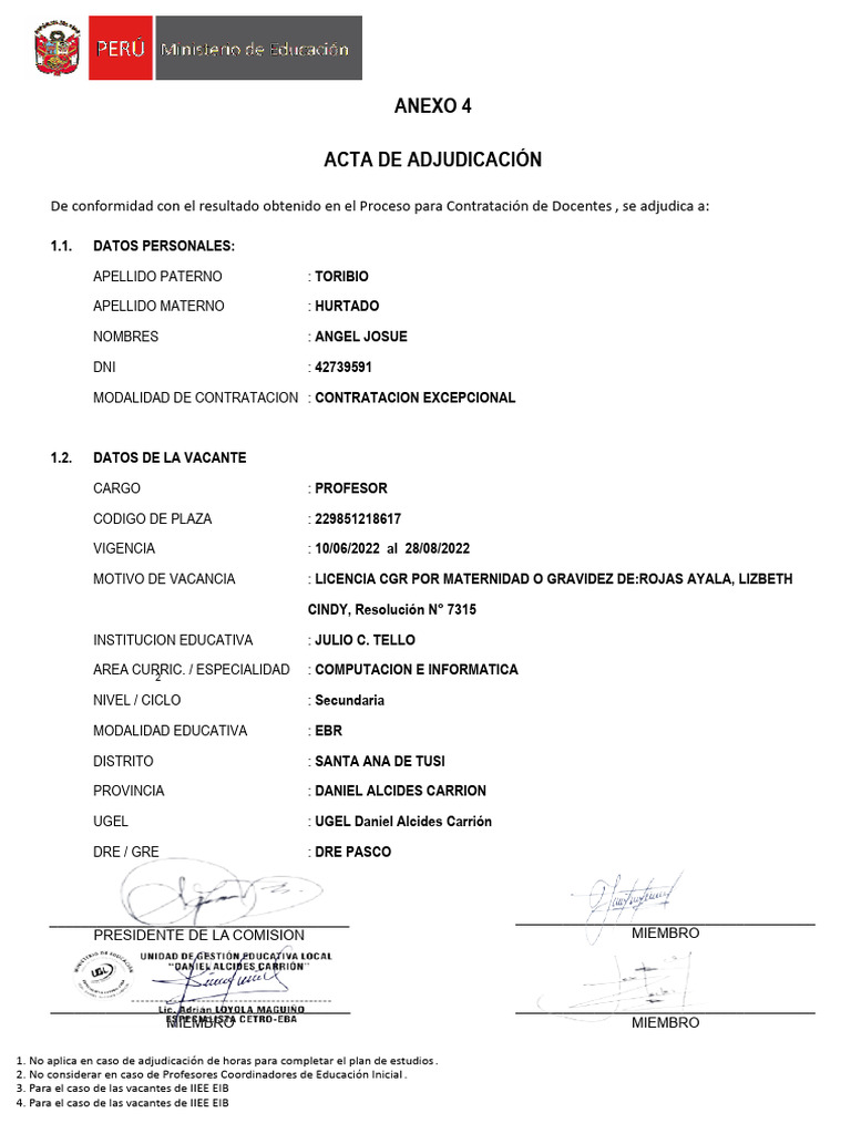 Angel Josue Toribio Hurtado - Acta | PDF