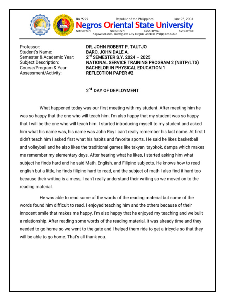 NSTP Reflection: First Day Teaching Experience | PDF