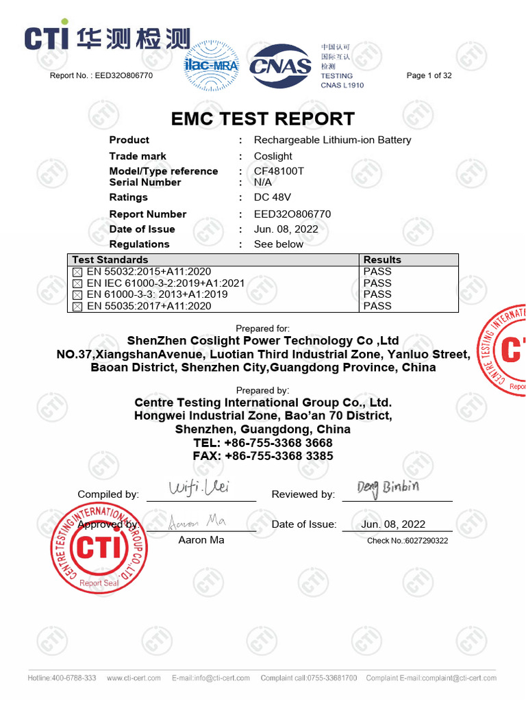 CF48100T EMC Test Report - EED32O806770 | PDF | Rechargeable Battery ...