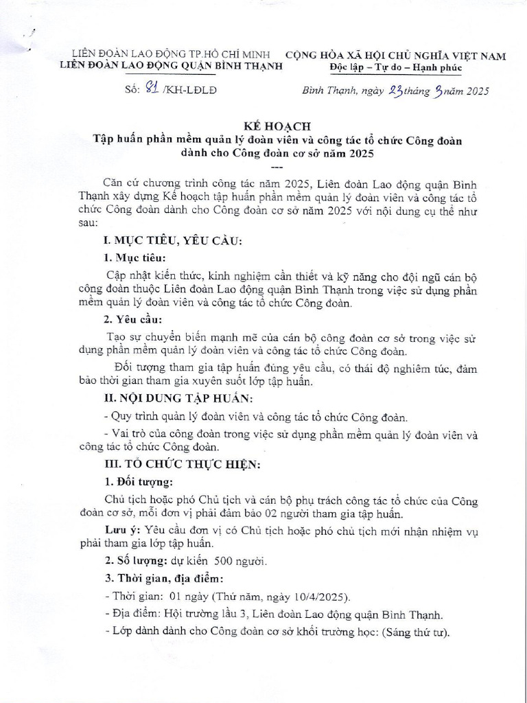 KH 81 Ke Hoach Tap Huan Phan Mem Quan Ly Doan Vien - 0001 | PDF