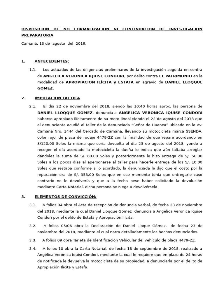 No Formalización de Investigación por Estafa | PDF | Crímenes | Crimen ...
