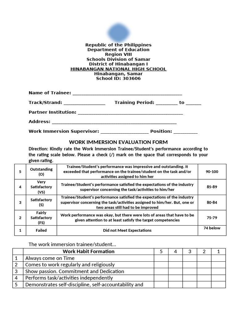 Evaluation Tool - Work Immersion | PDF | Psychological Concepts | Social Psychology