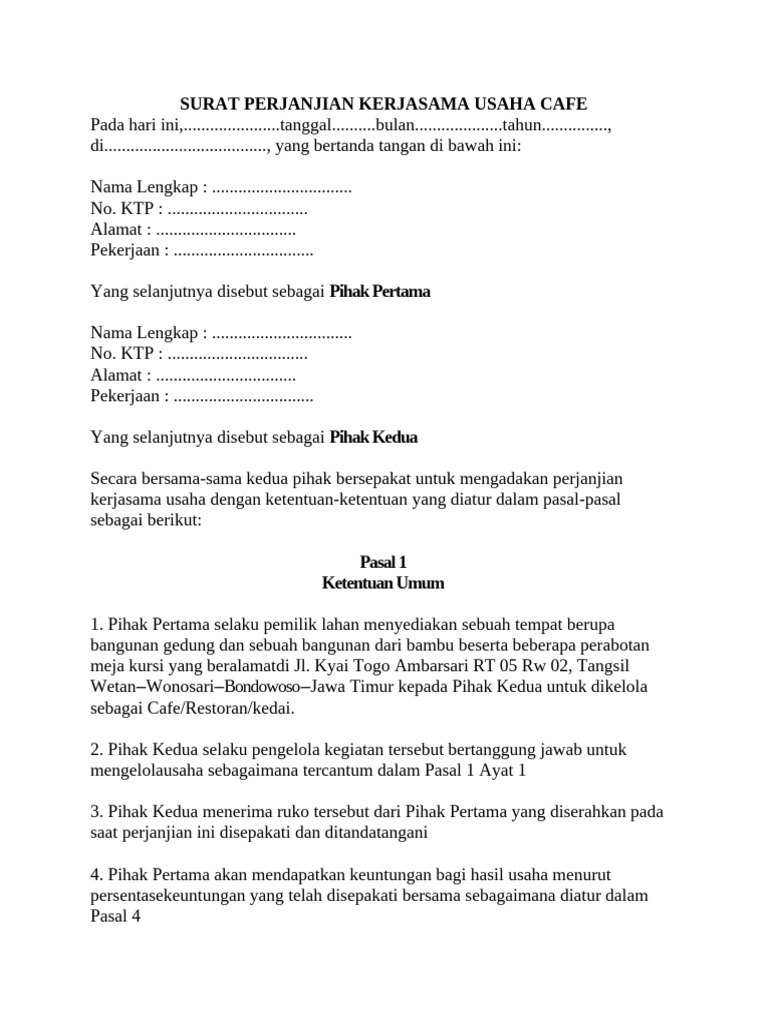 Perjanjian Kerjasama Usaha Cafe | PDF