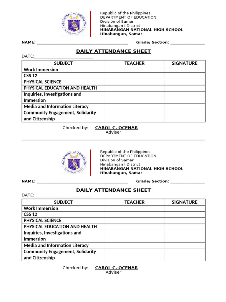 Immersion Daily Attendance | PDF