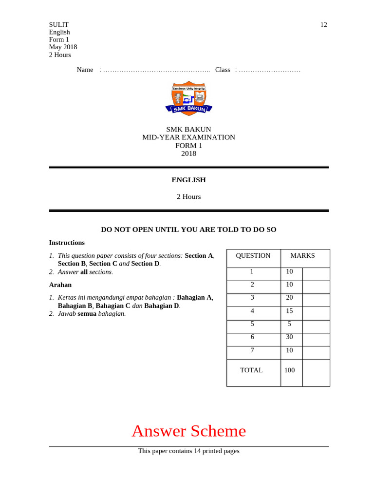 Form 1 English Mid-Year Exam 2018 | PDF | Watermelon
