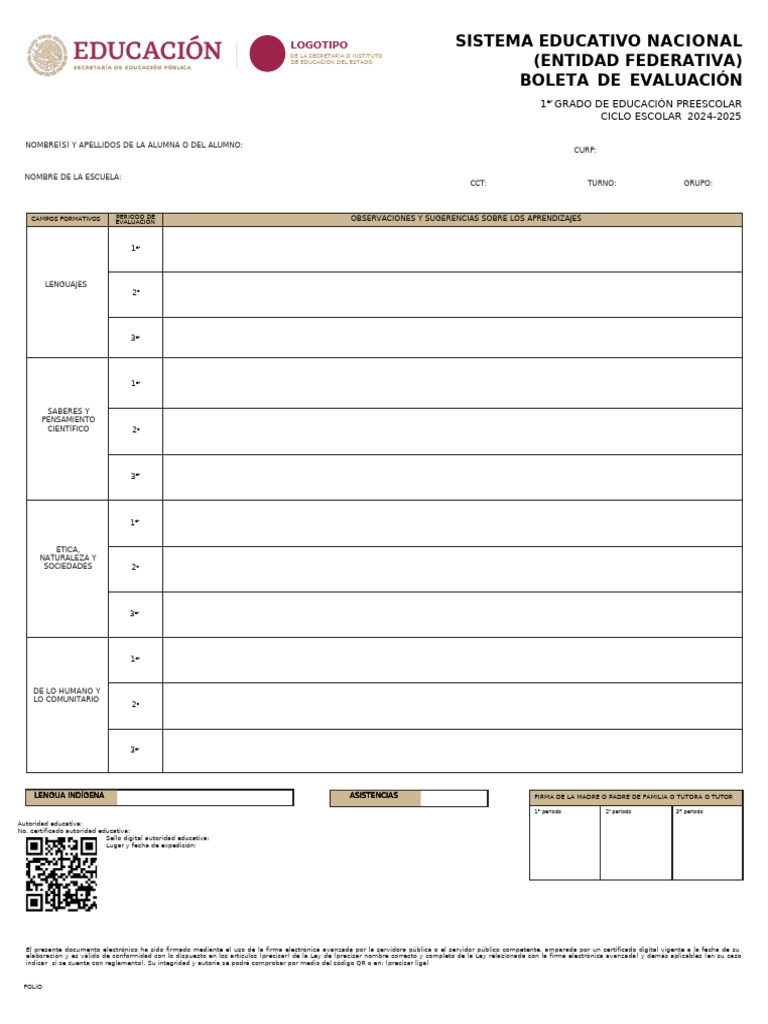 Boleta de Evaluación Preescolar 2024-2025 | PDF | Educación de la ...