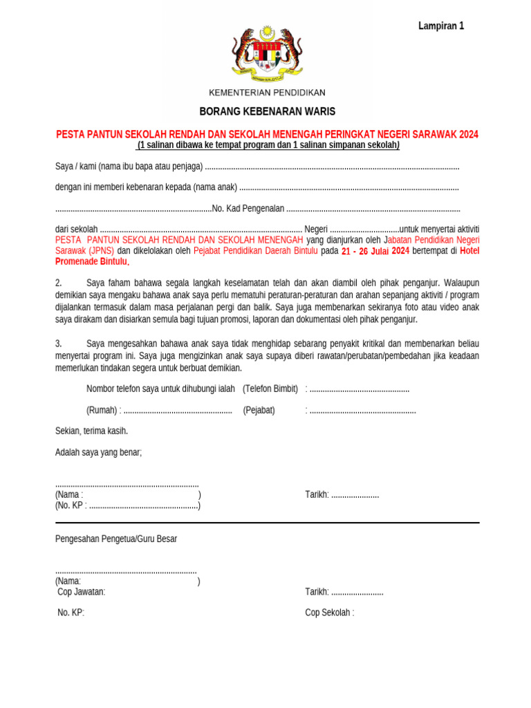 Lampiran 1 - Borang Kebenaran Waris | PDF