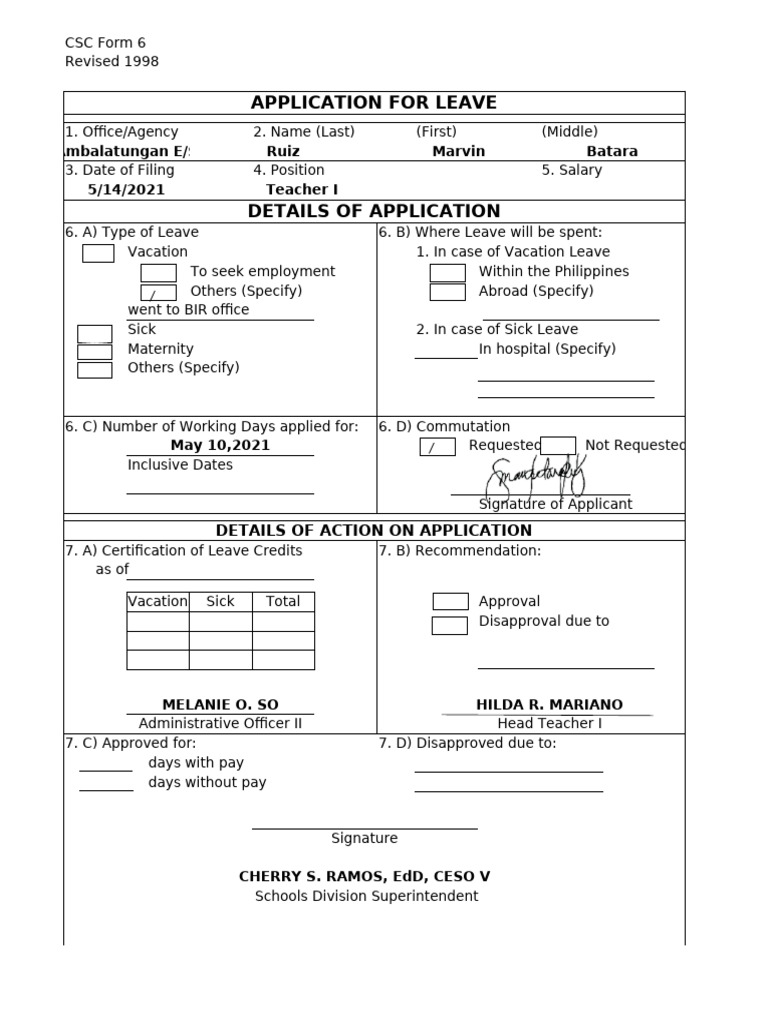 Application For Leave F6 Marvin | PDF