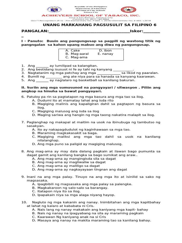 1st Periodic Test in Filipino 6 | PDF