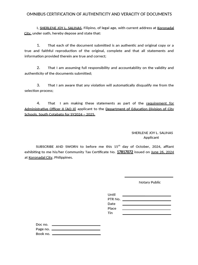 Omnibus Certification of Authenticity and Veracity of Documents 1 | PDF