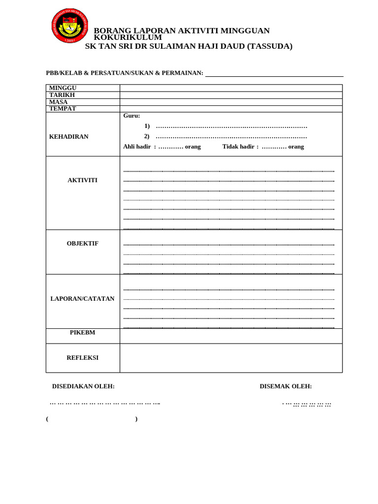 Borang Laporan Aktiviti Mingguan Kk Sk Tassuda 2025-2026 | PDF