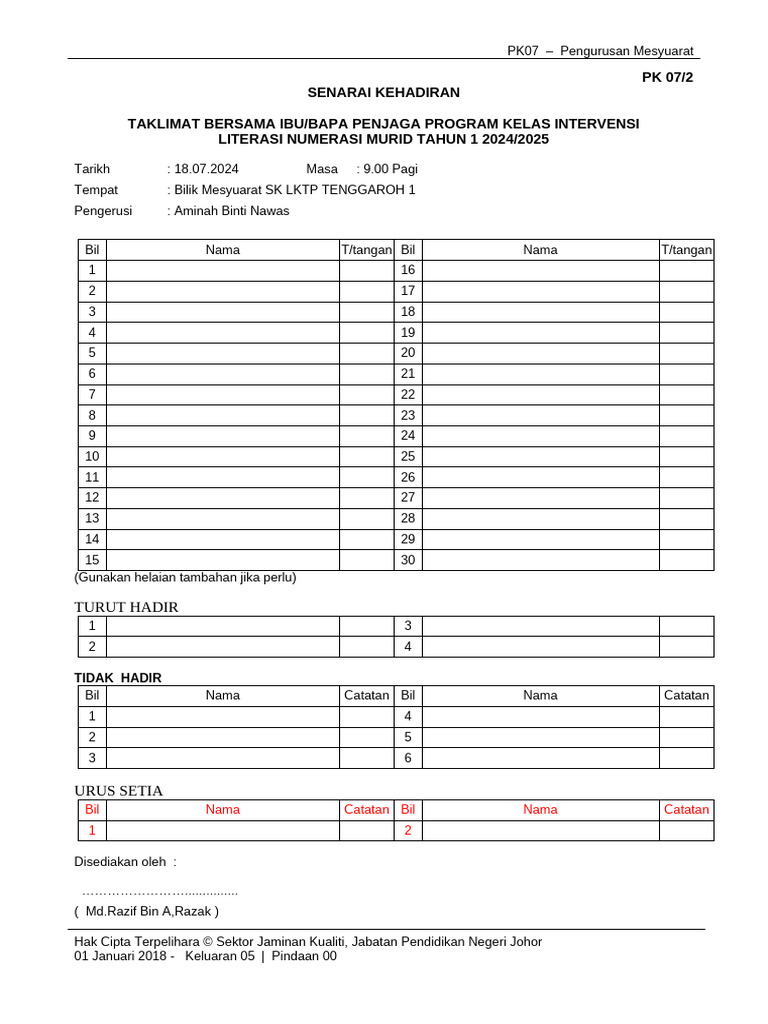 Borang Kehadiran Penjaga Slu Intervensi | PDF