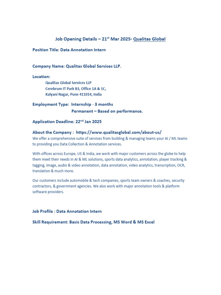 Qualitas Global - Data Annotation Intern - Pune | PDF | Annotation | Machine Learning