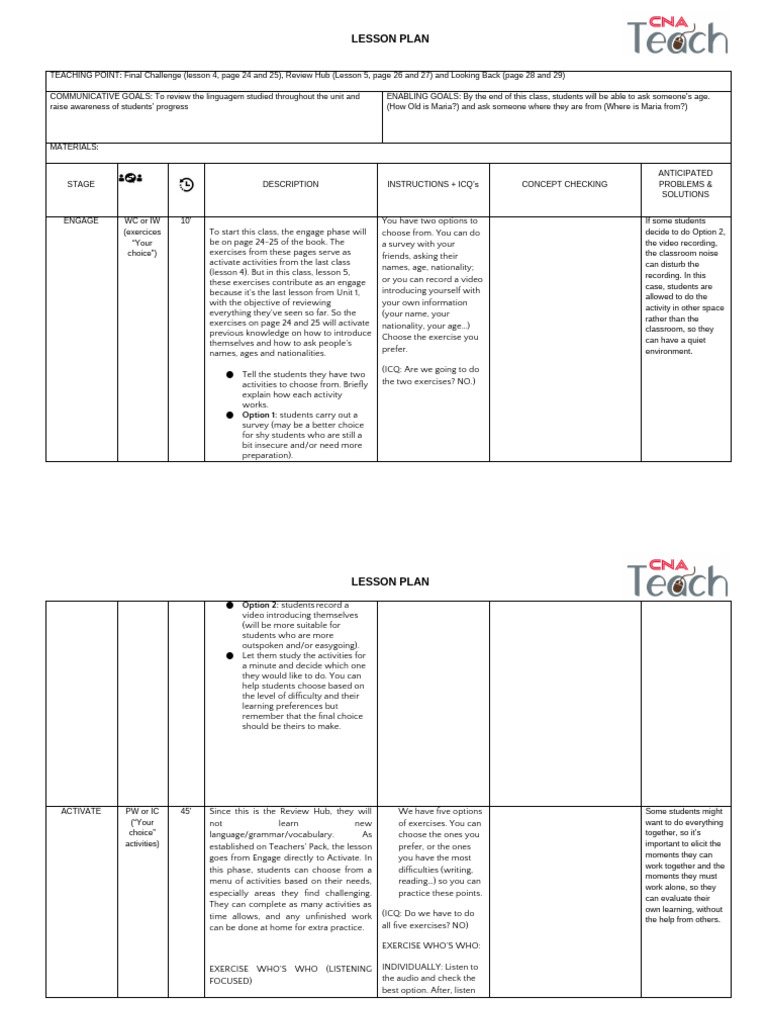 Final Challenge Lesson Plan Overview | PDF | Communication | Cognition
