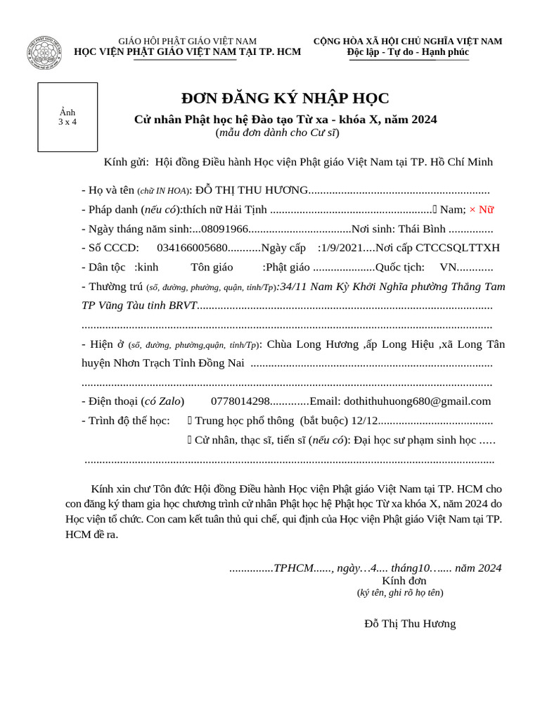 Don Dang Ky Nhap Hoc DTTX Khoa X Cu Si | PDF