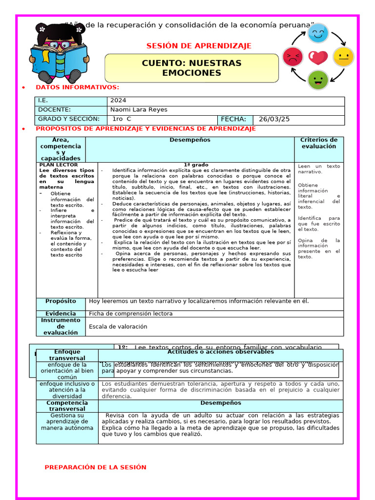Sesión de Aprendizaje: Emociones en 1ro C | PDF | Aprendizaje | Las ...