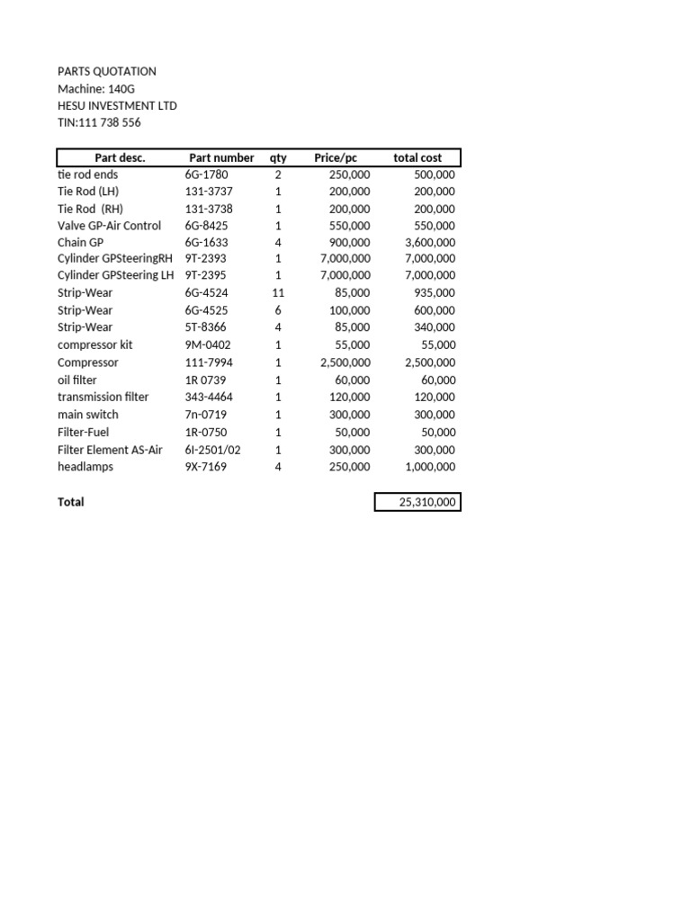 Hesu Inv LTD - Mhe Quotation | PDF