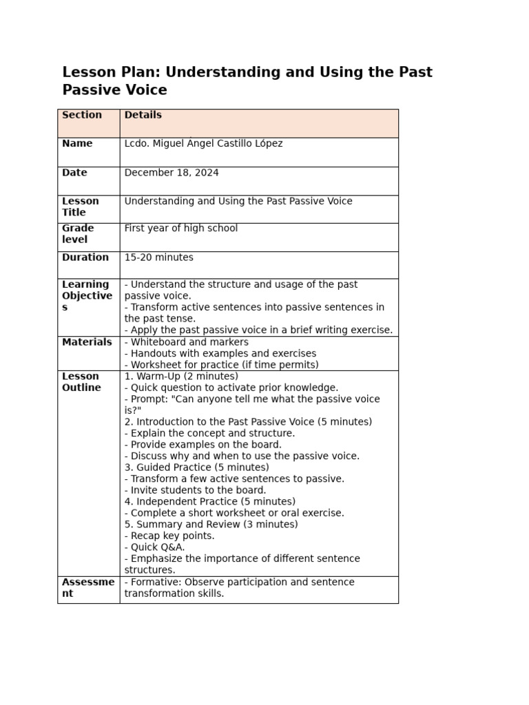 Past Passive Voice Lesson Plan | PDF