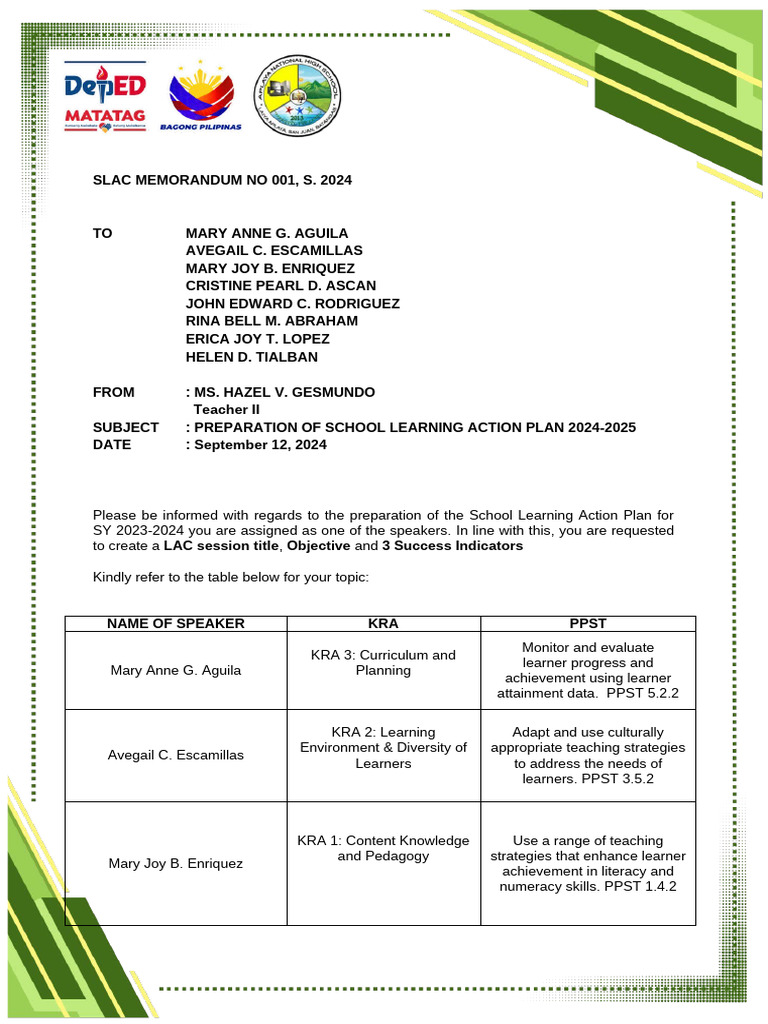 SLAC Memorandum 2024-2025 | PDF | Learning | Pedagogy