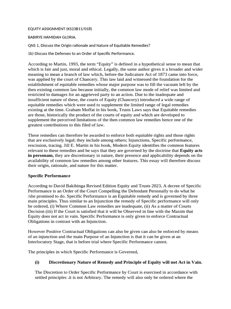 Understanding Equitable Remedies and Specific Performance | PDF | Misrepresentation | Specific ...